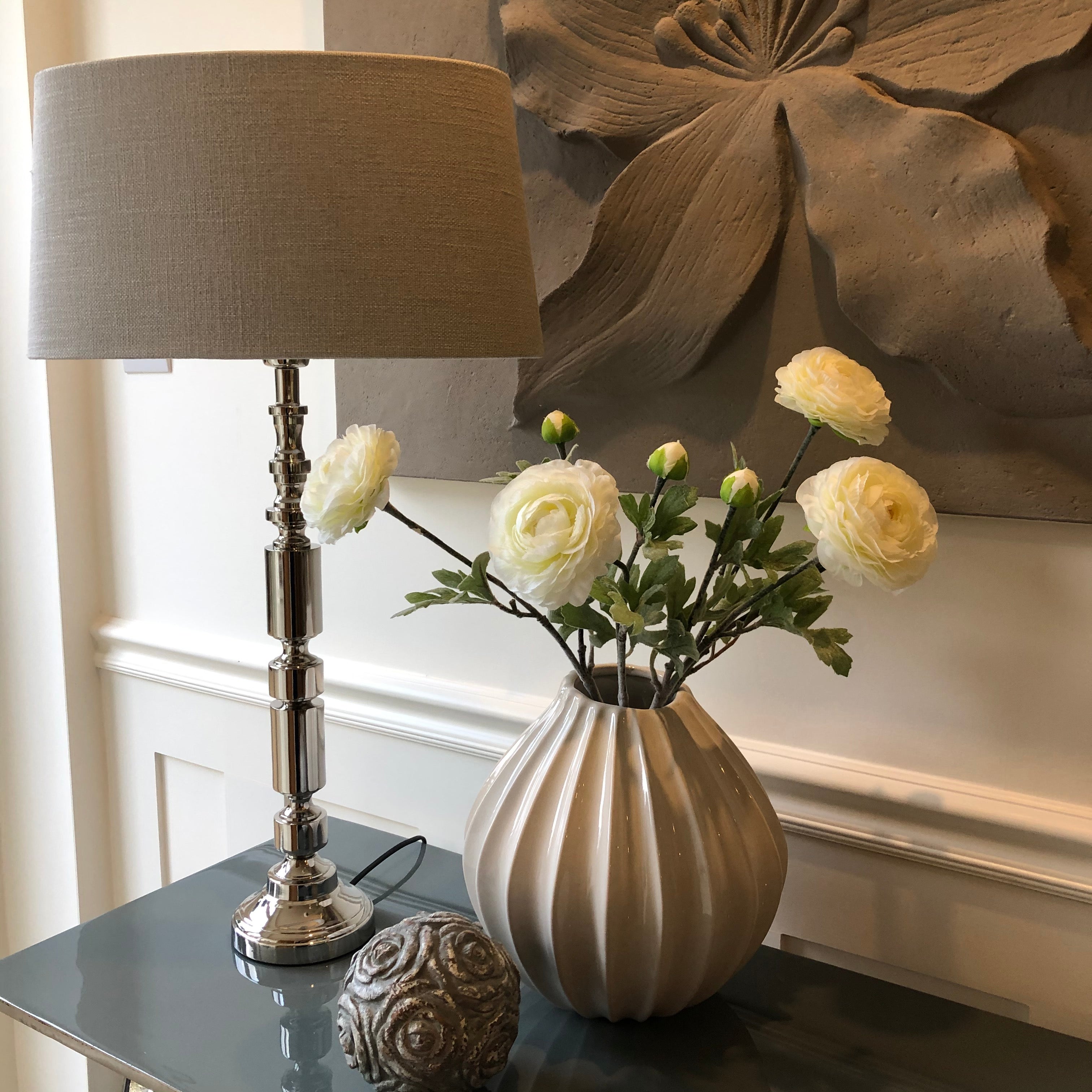 Elegant Nickel Lamp with Pale Grey Shade – Penny Hamilton Interiors
